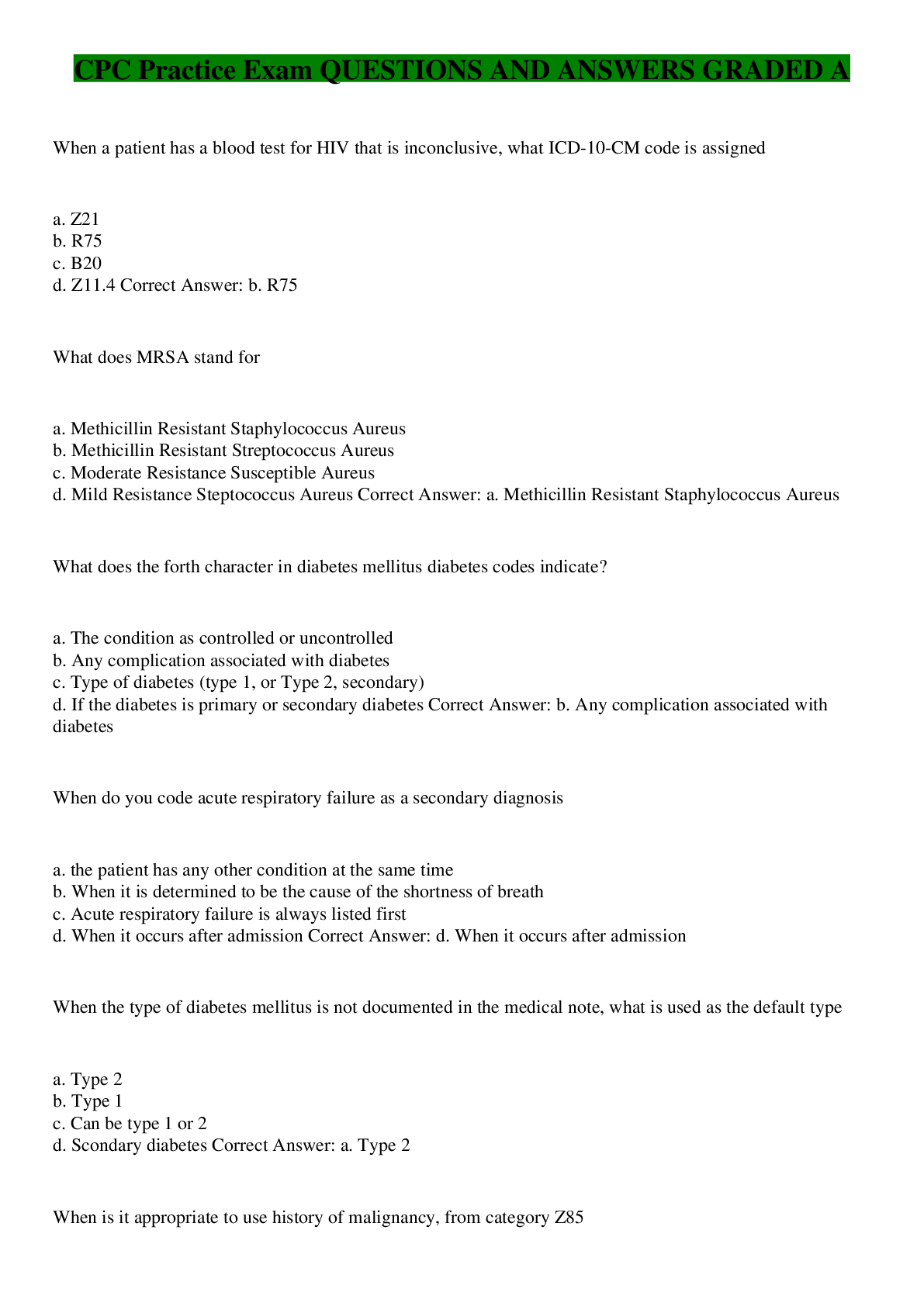 CPC Practice Exam QUESTIONS AND ANSWERS GRADED A - Scholarfriends